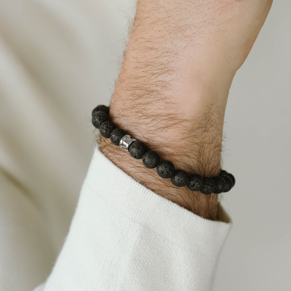 8mm Round Natural Black Lava Stone Beaded Bracelet